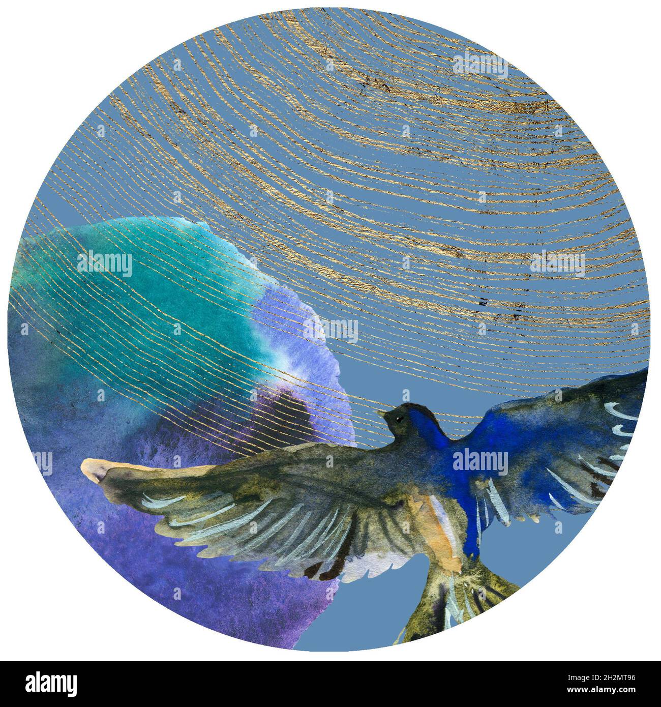 Round composition with watercolor bird and graphic elements: watercolor ...