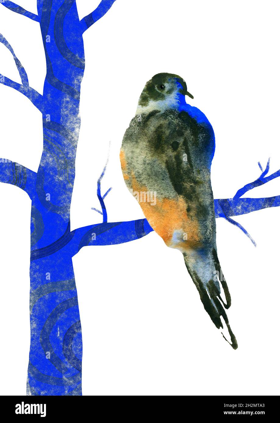 Watercolor bird sits on a tree. Artistic hand-drawn poster. Graphic ...