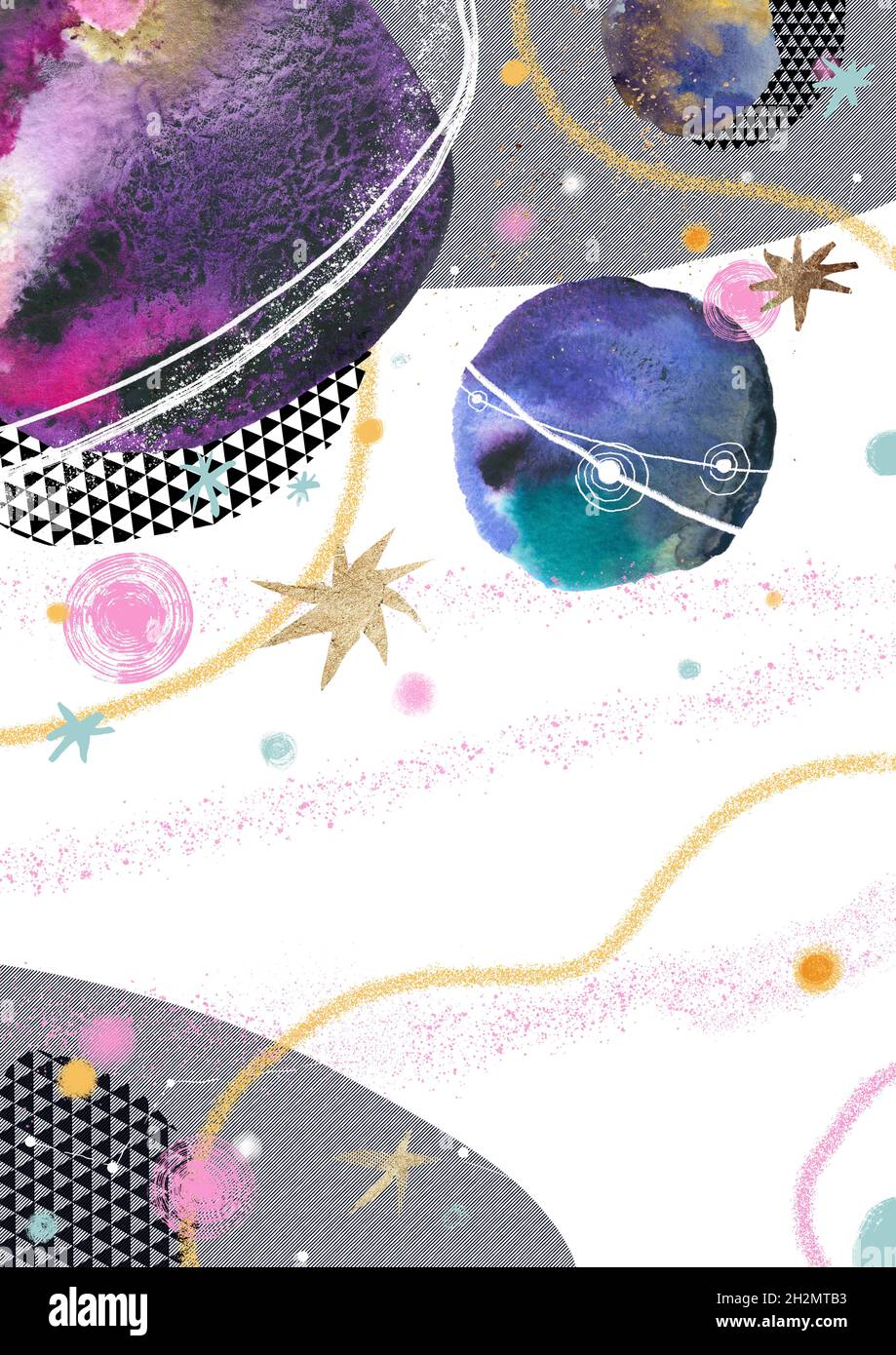 Watercolor illustration with space, golden stars and planets. Artistic ...