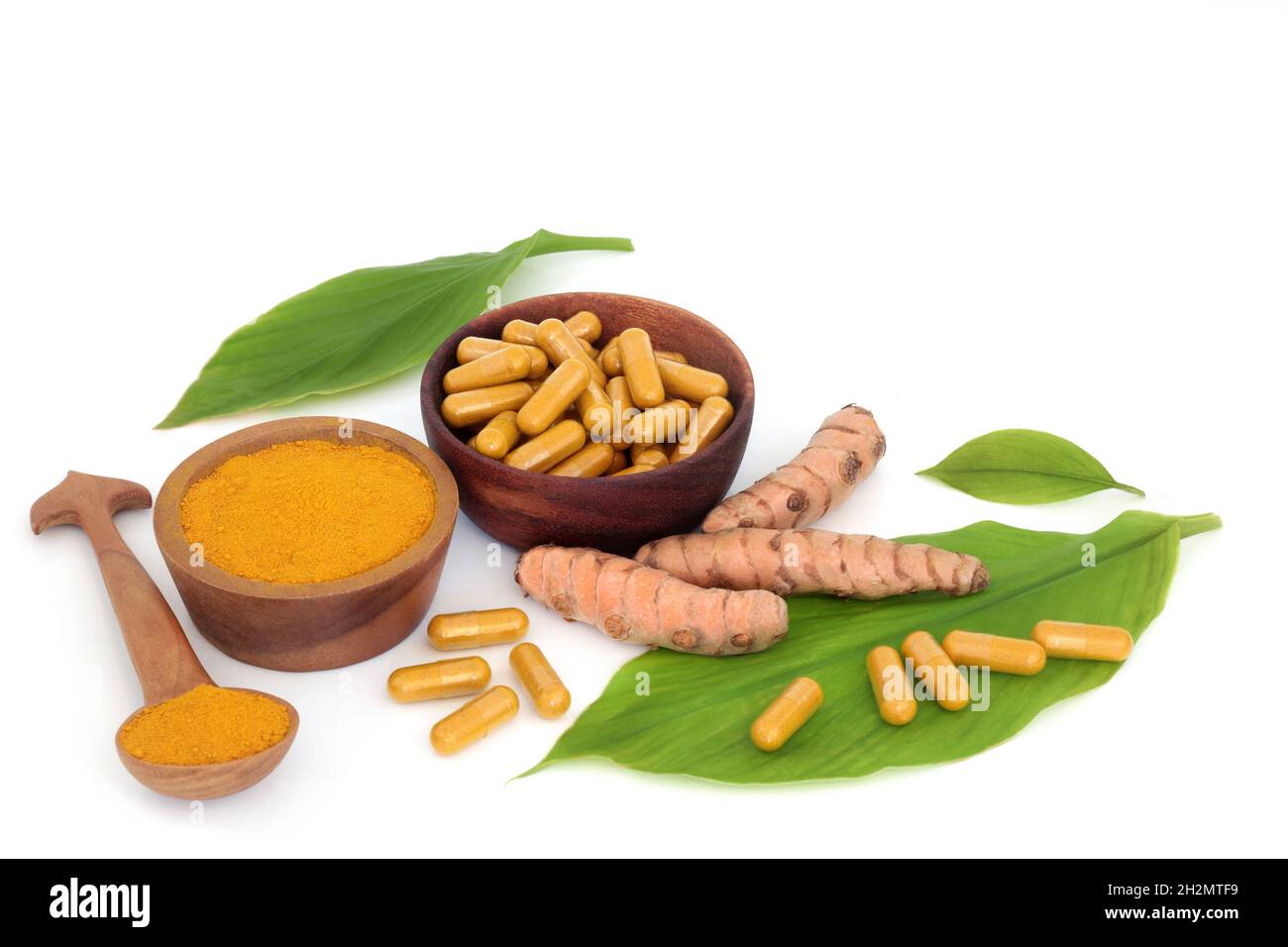Turmeric root health food with powder, leaves and dietary supplement ...