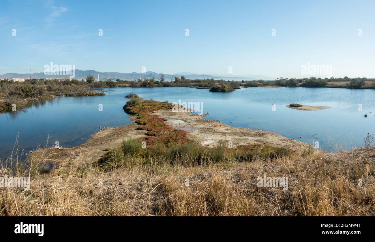 Panoramic view of Natural Park Guadalhorce. From bird hide or blind ...