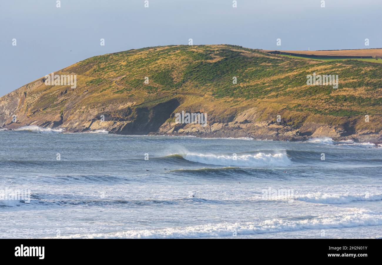 Croyde Beach landscape with off-shore surf - Croyde, Devon, UK Stock ...