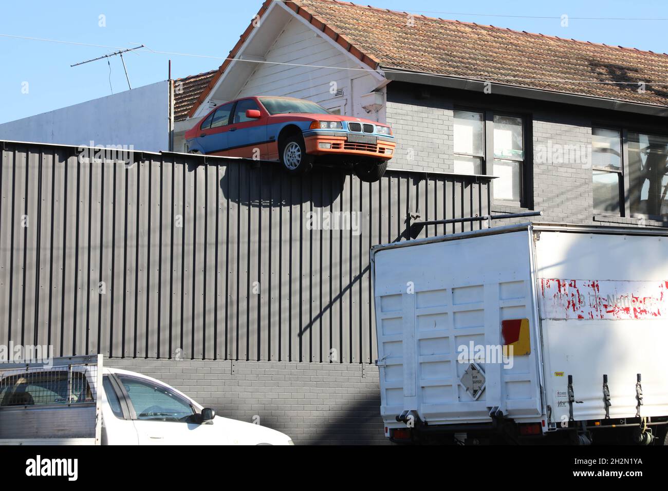 An unusual feature of a car body on top of a roof on Boundary Road ...