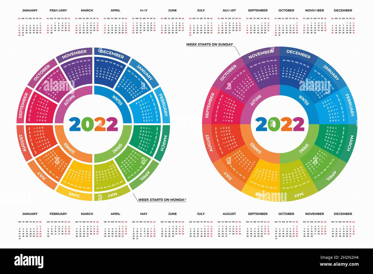 Vector illustration of colorful round calendars 2022 isolated on white ...