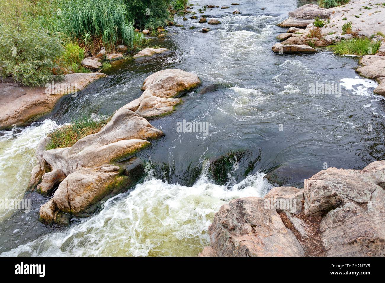 Rapid stormy stream of the river among stone rapids and plants on a ...