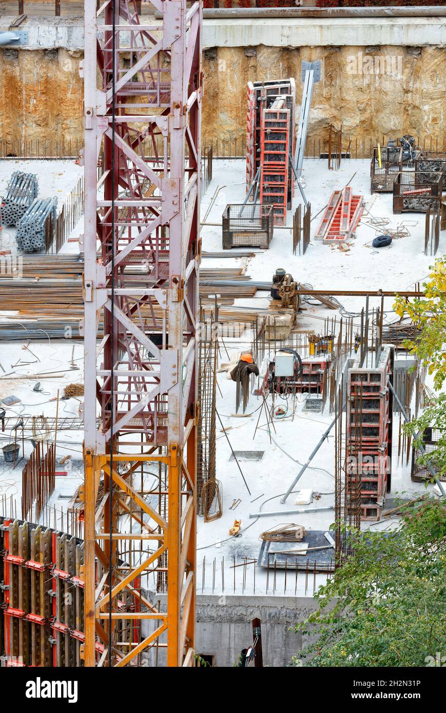 Components of a tower crane on the background of a construction site ...