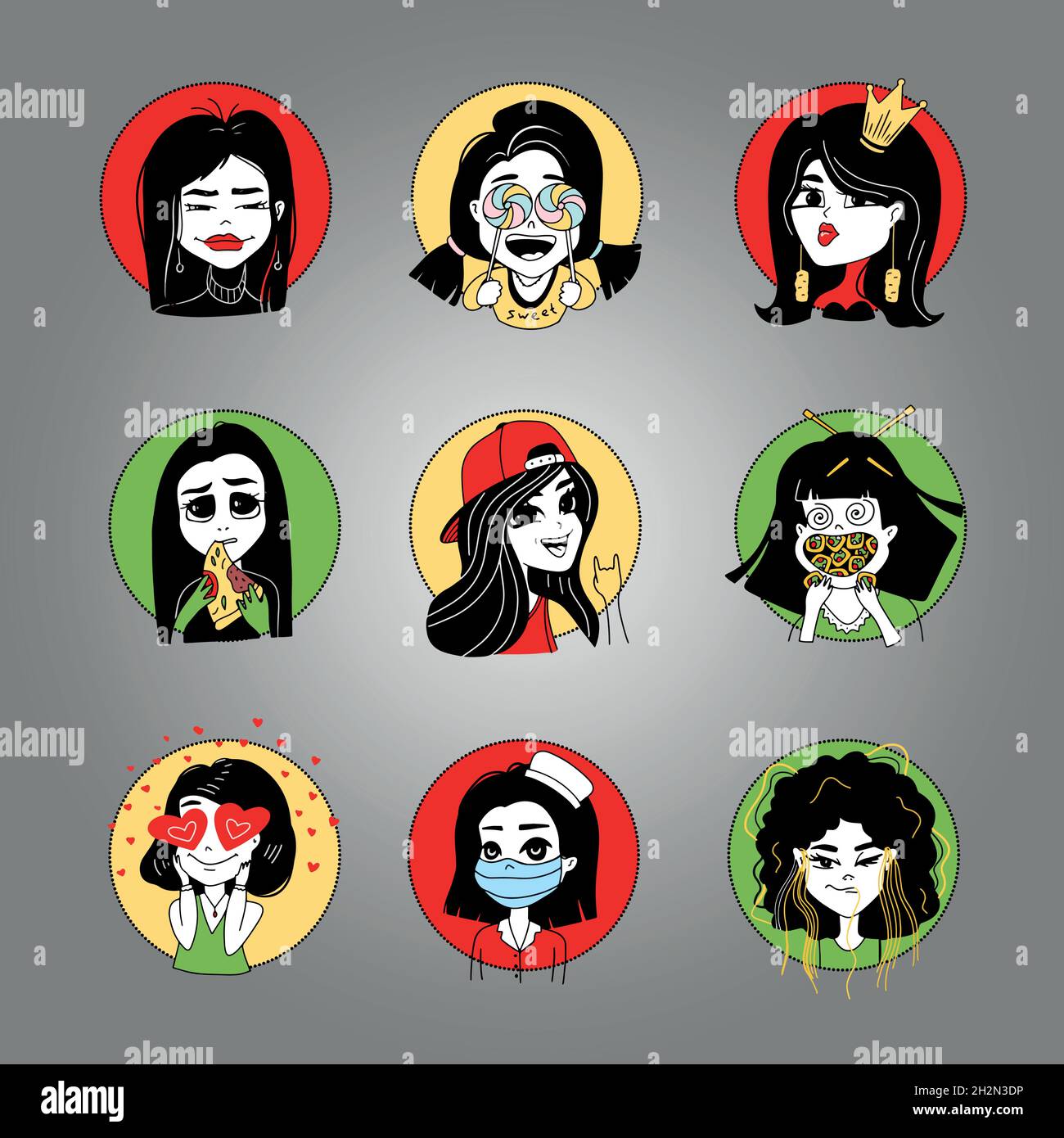 Stickers with portraits of girls. Emotions of women. Vector faces ...