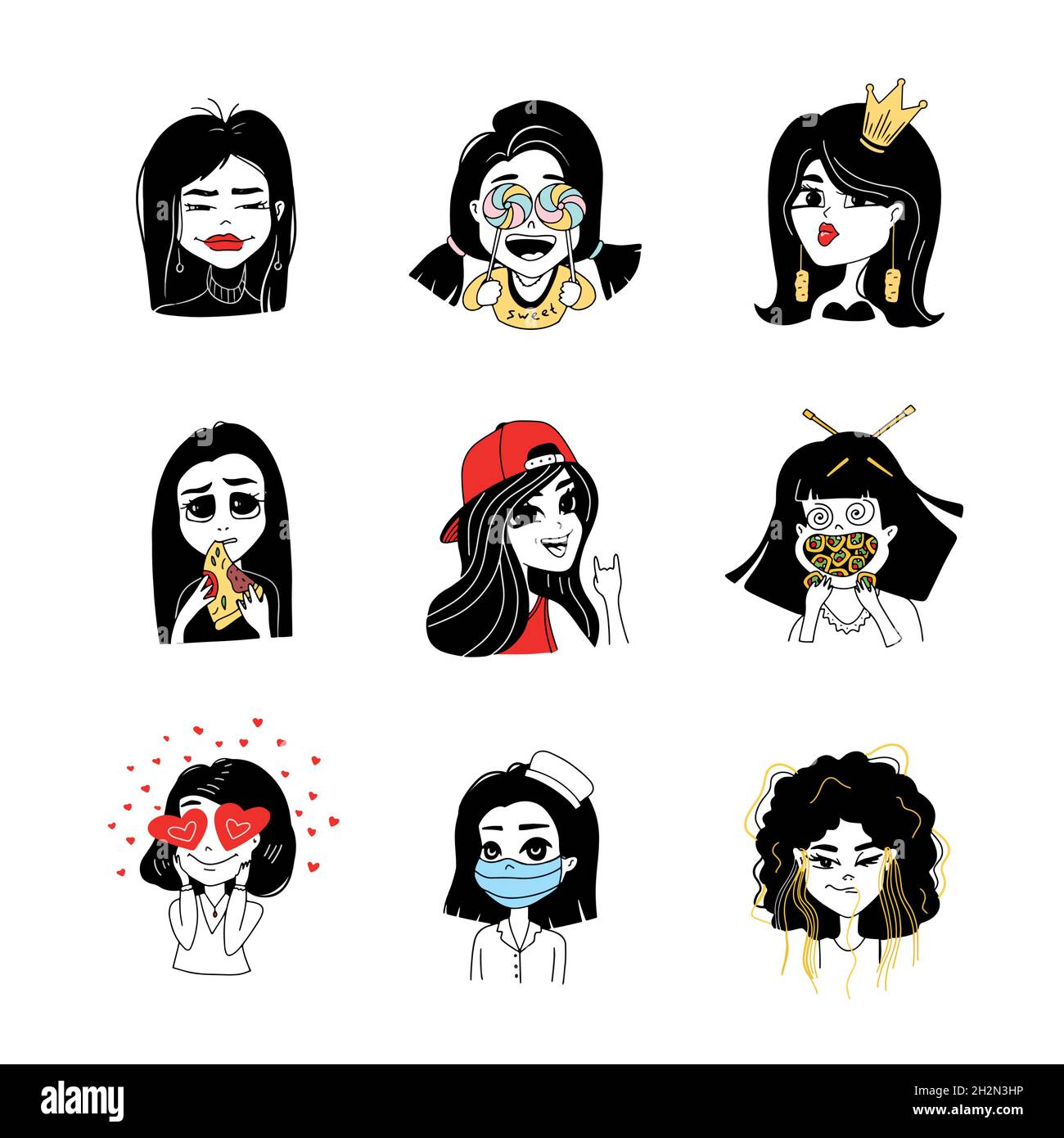 Stickers with portraits of girls. Emotions of women. Vector ...