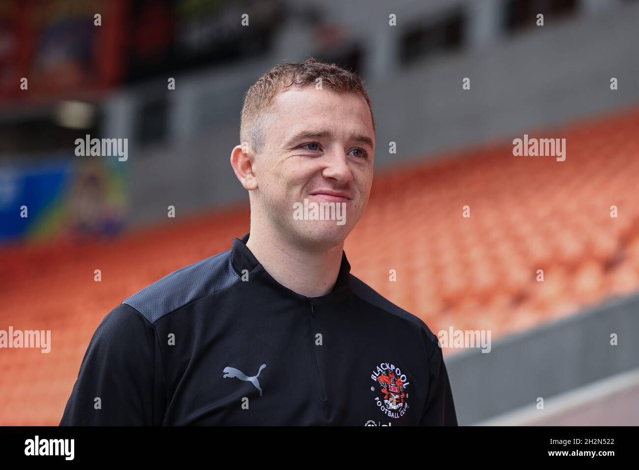 Shayne Lavery #19 of Blackpool arrives at Bloomfield Road ahead of the ...