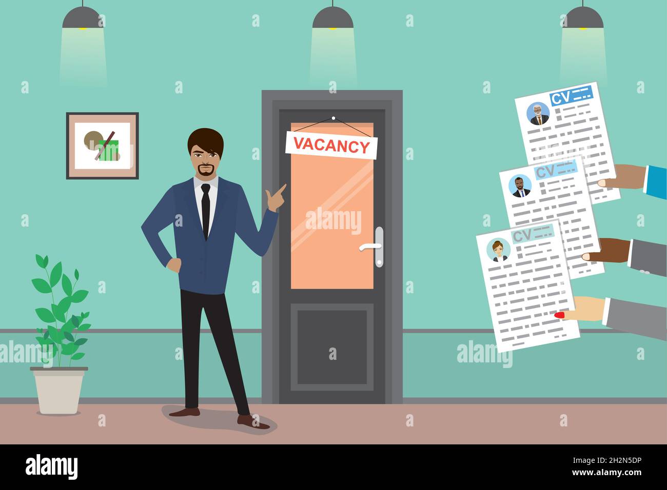 Cartoon asian businessman near door with sign- vacancy,various hands ...