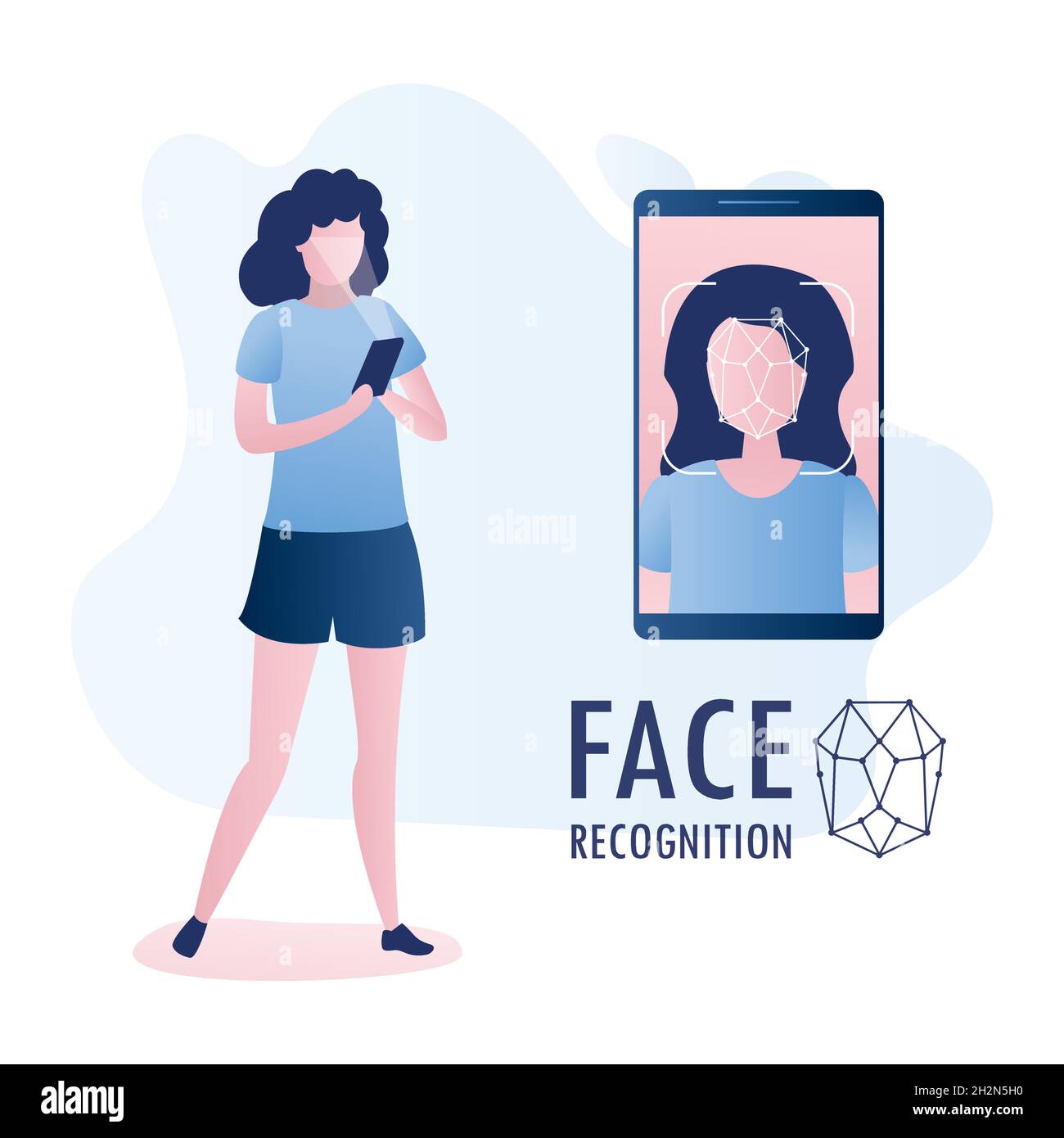 Female with mobile phone, face on big smartphone screen,Face id concept ...