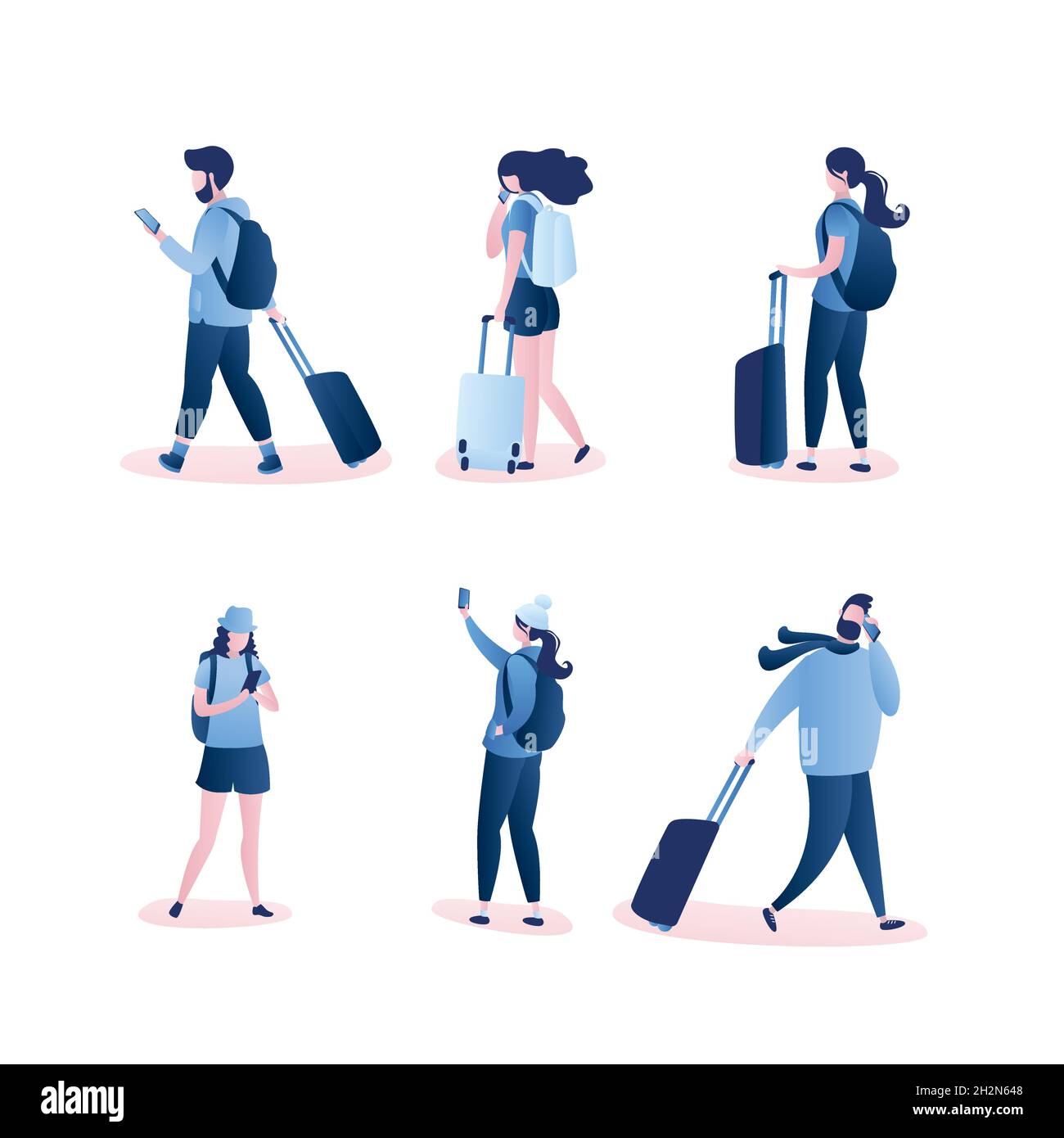 Set of people travelers,male and female characters with backpacks ...