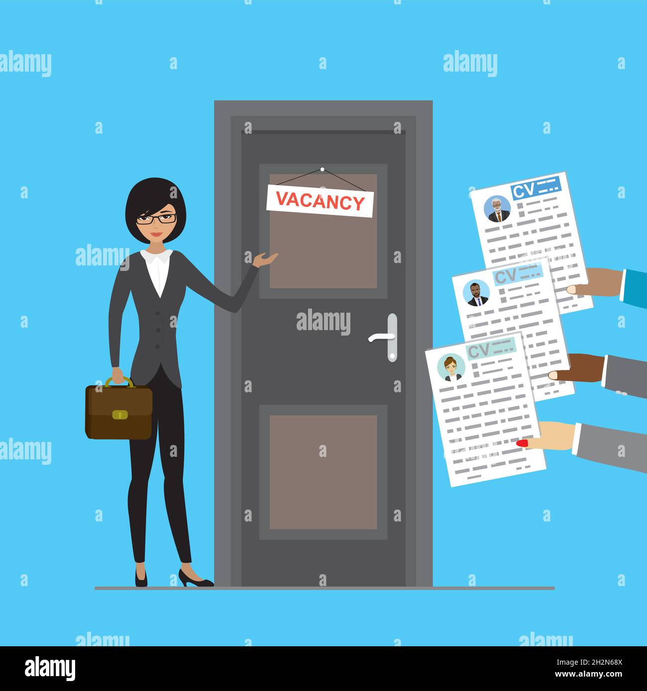 Cartoon asian businesswoman near door with sign- vacancy,various hands ...