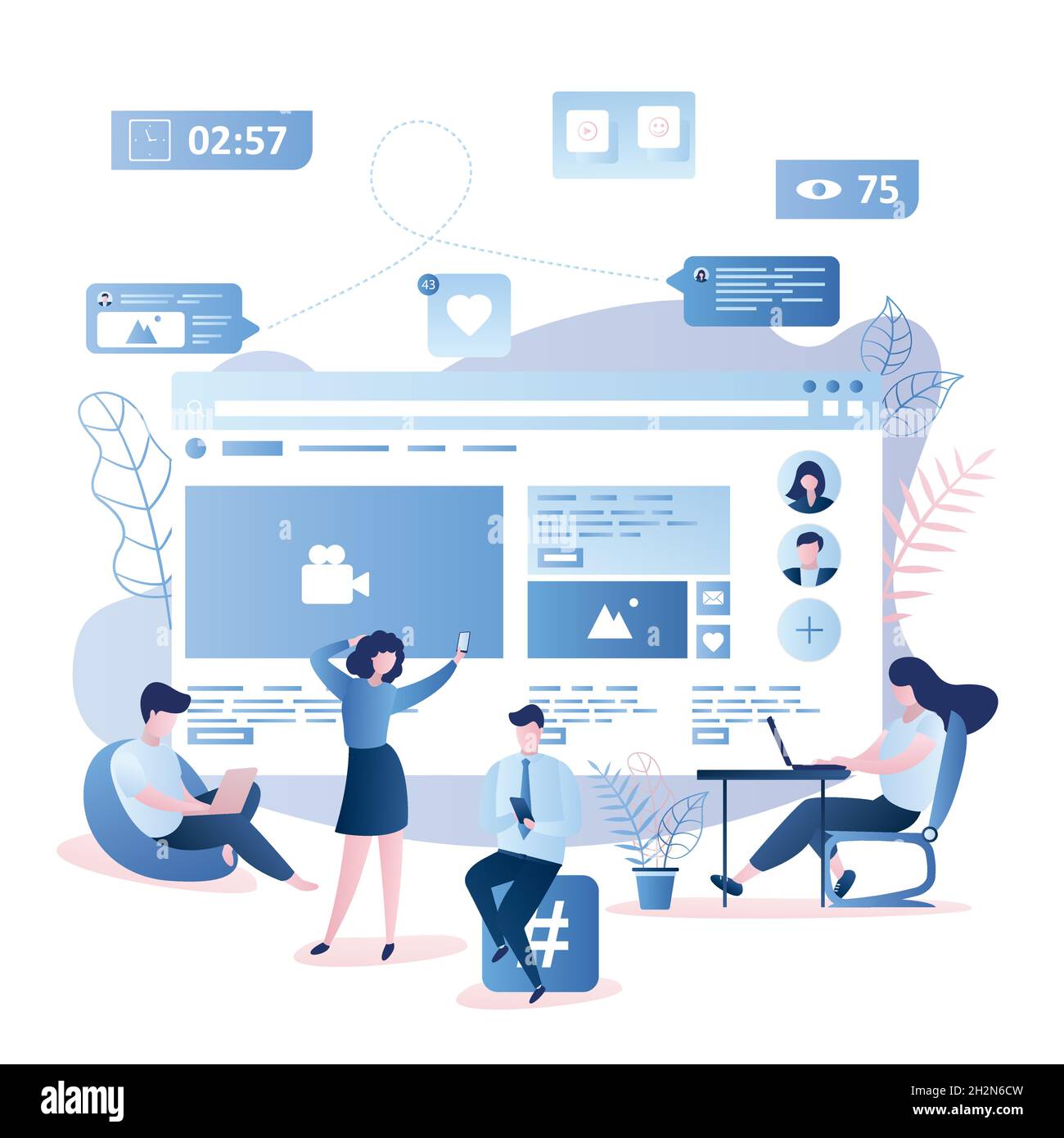 Various people with smart gadgets,web page with media content and signs ...