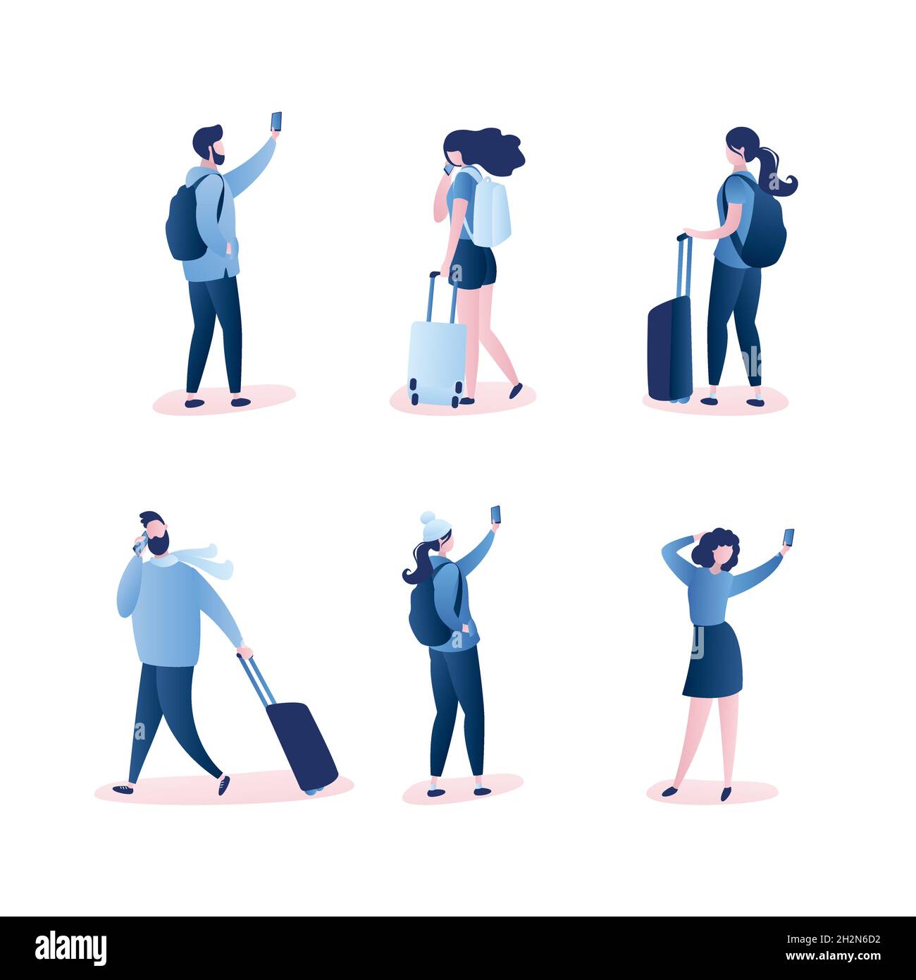 Set of people travelers,male and female characters with backpacks ...