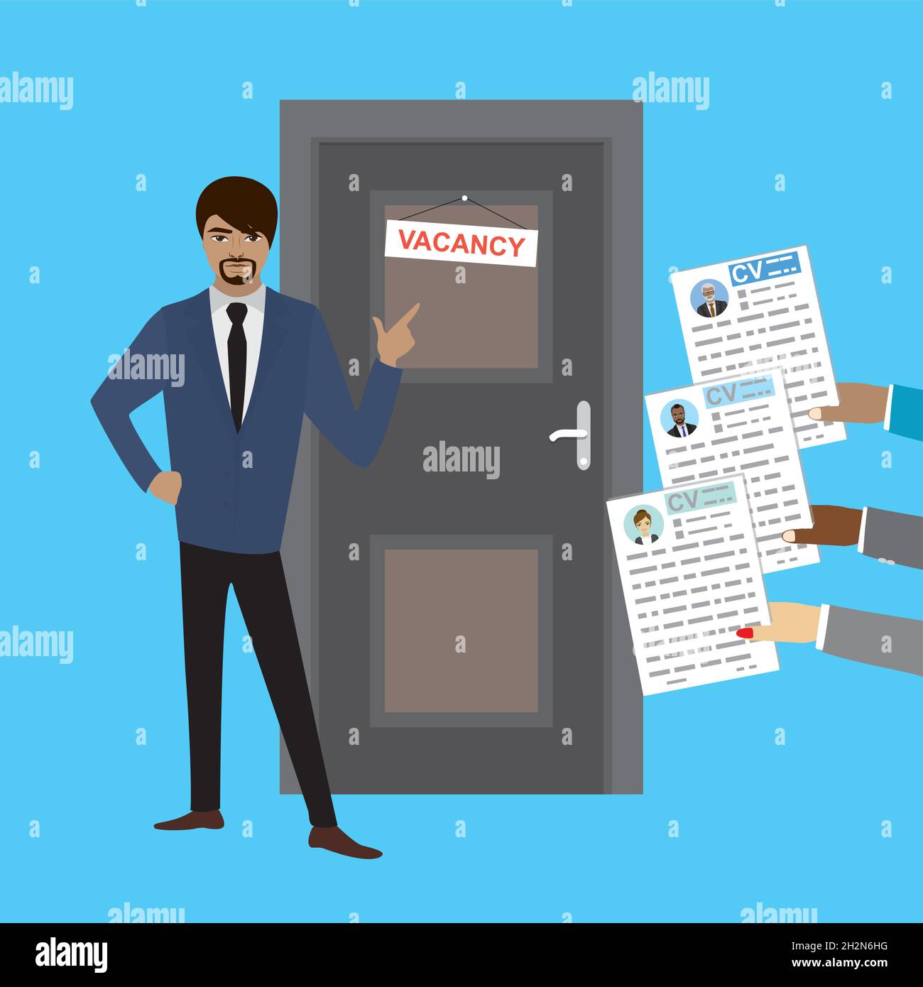 Cartoon asian businessman near door with sign- vacancy,various hands ...