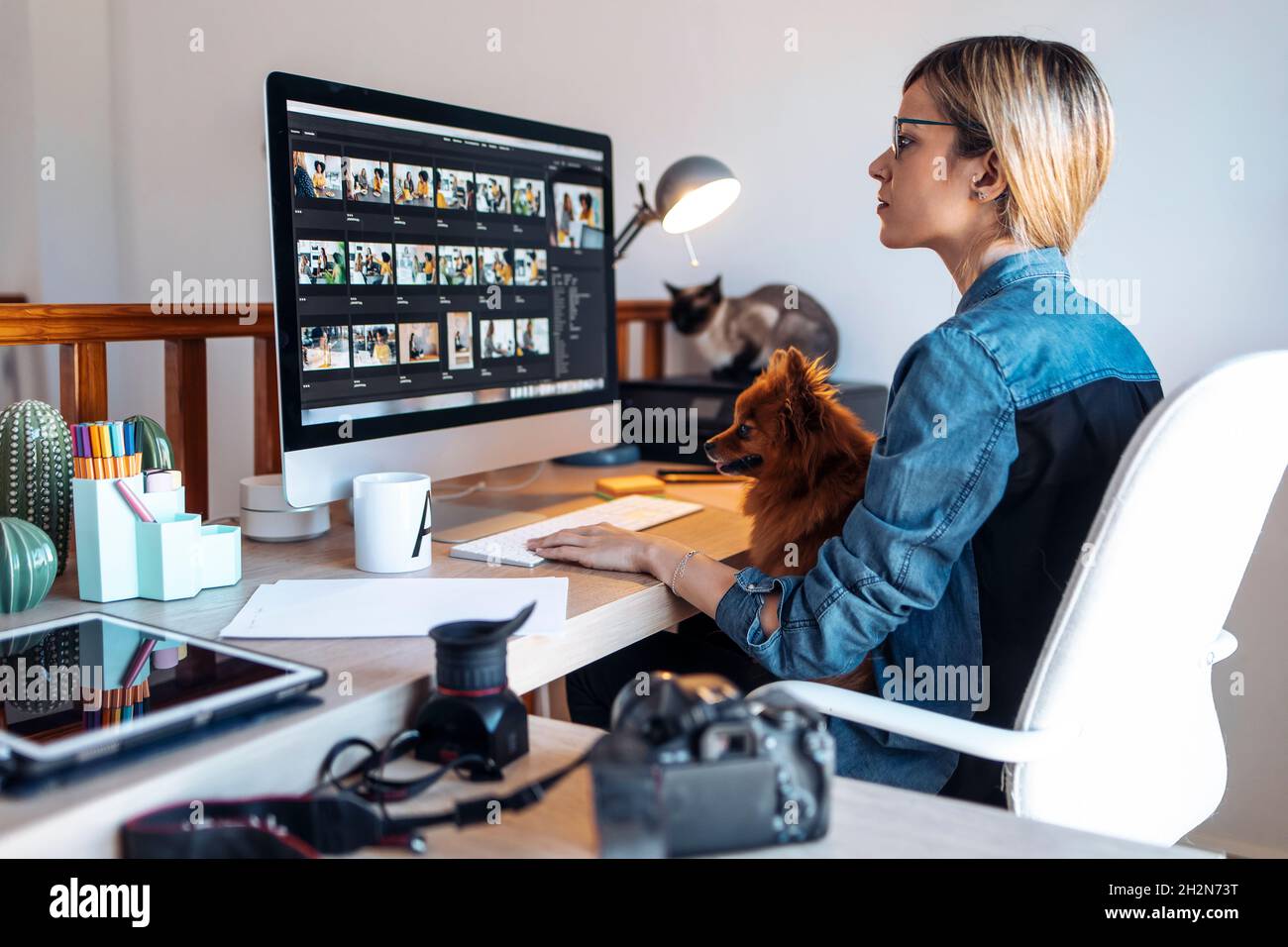 Female vlogger using computer during video conference in living room ...