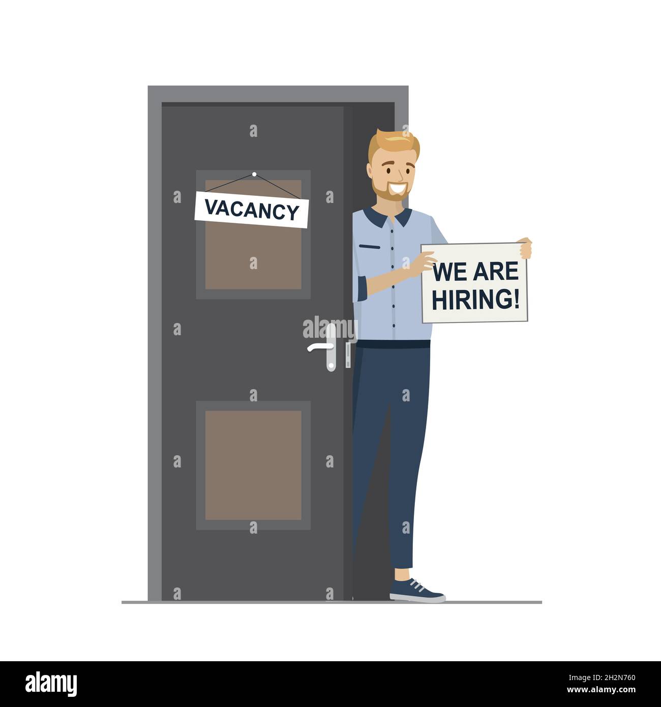 Cartoon casual businessman near door with plate- we are hiring,fashion ...