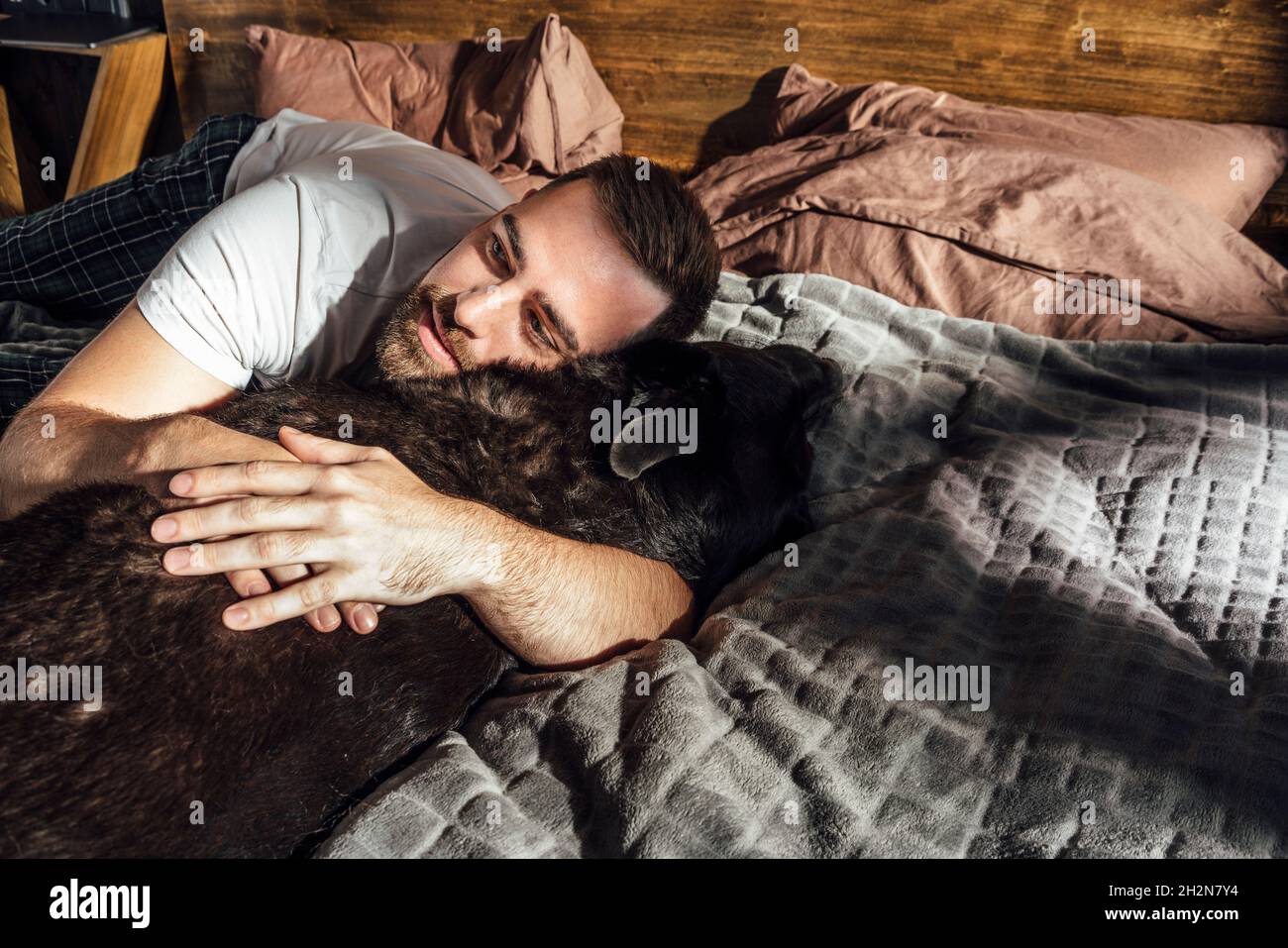 Mid adult man hugging dog on bed Stock Photo - Alamy