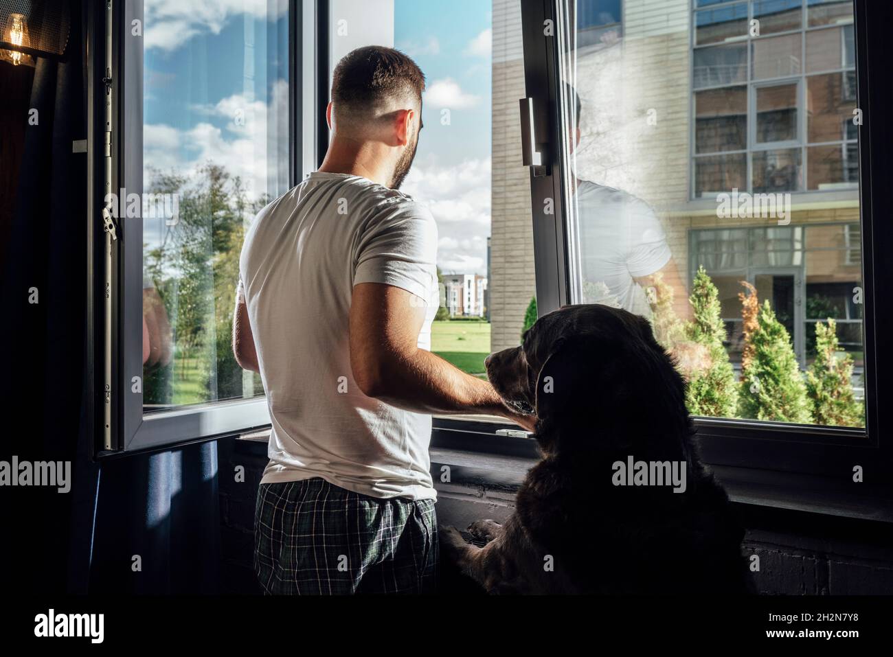 Mid adult man looking through window by dog at home Stock Photo - Alamy