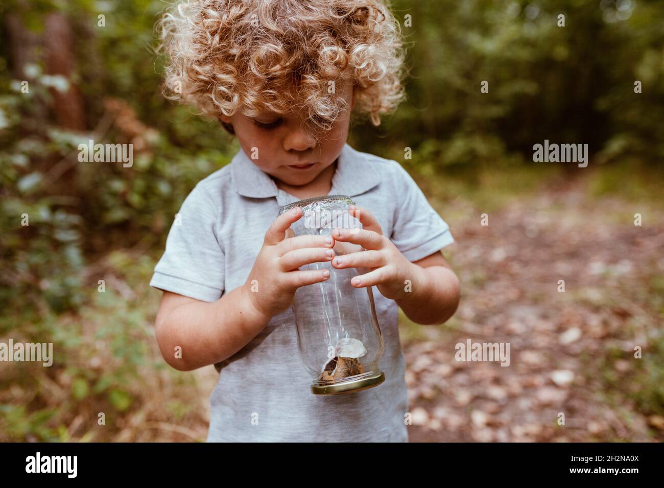Cute boy holding glass jar with snails in forest Stock Photo - Alamy