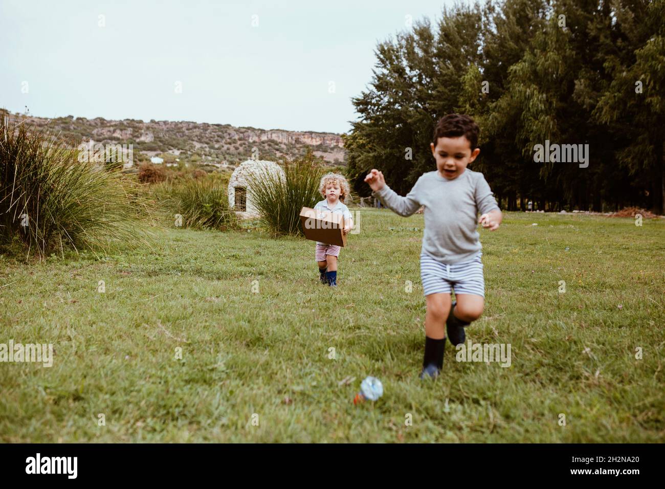 Boy running with male friend carrying cardboard box while playing on ...