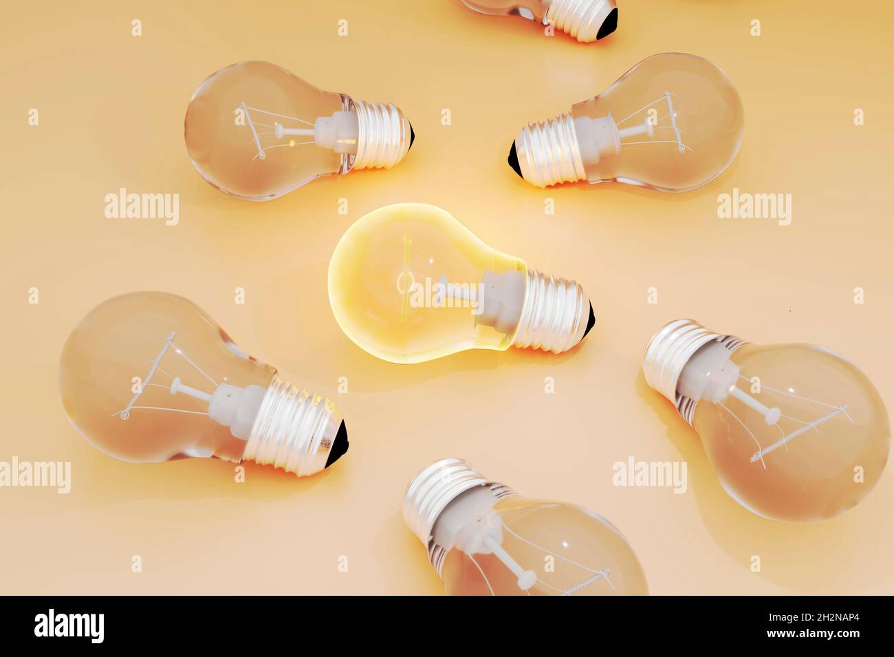 Three dimensional render of bunch of light bulbs with single one ...
