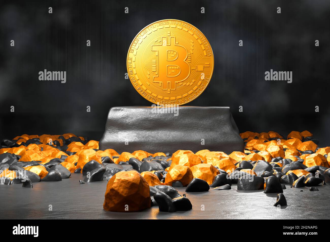 Three dimensional render of Bitcoin standing inside gold mine Stock ...