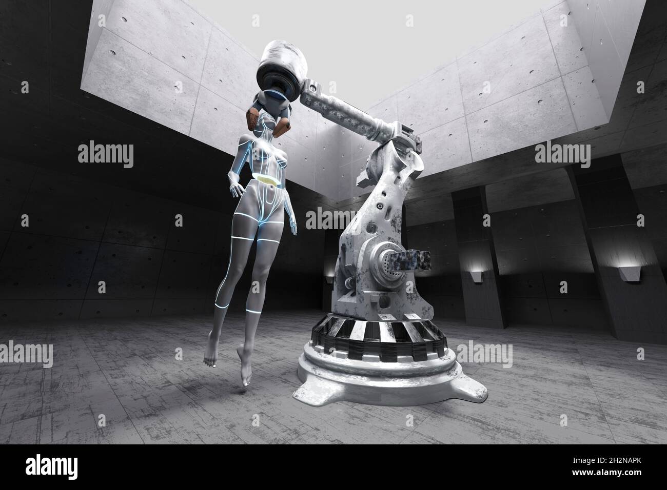 Three dimensional render of gynoid held by large robotic arm Stock ...