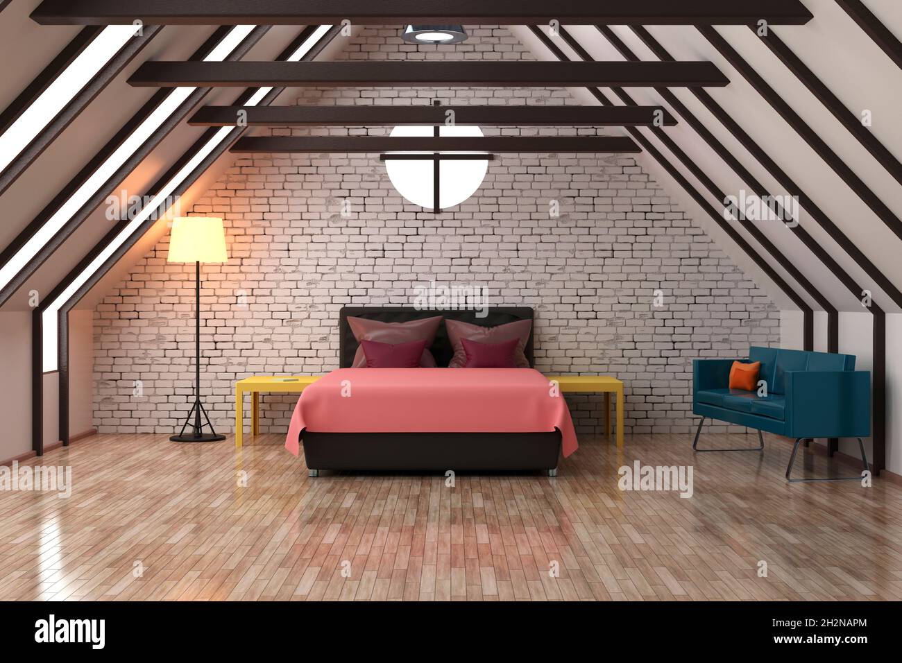 Three dimensional render of clean attic bedroom with wooden floor Stock ...