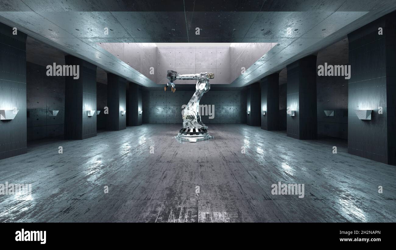 Three dimensional render of robotic arm standing inside industrial ...