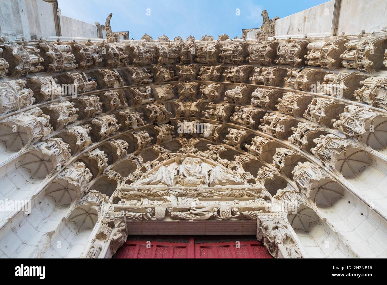 France, Yonne Department, Auxerre, Ornate facade of Auxerre Cathedral ...