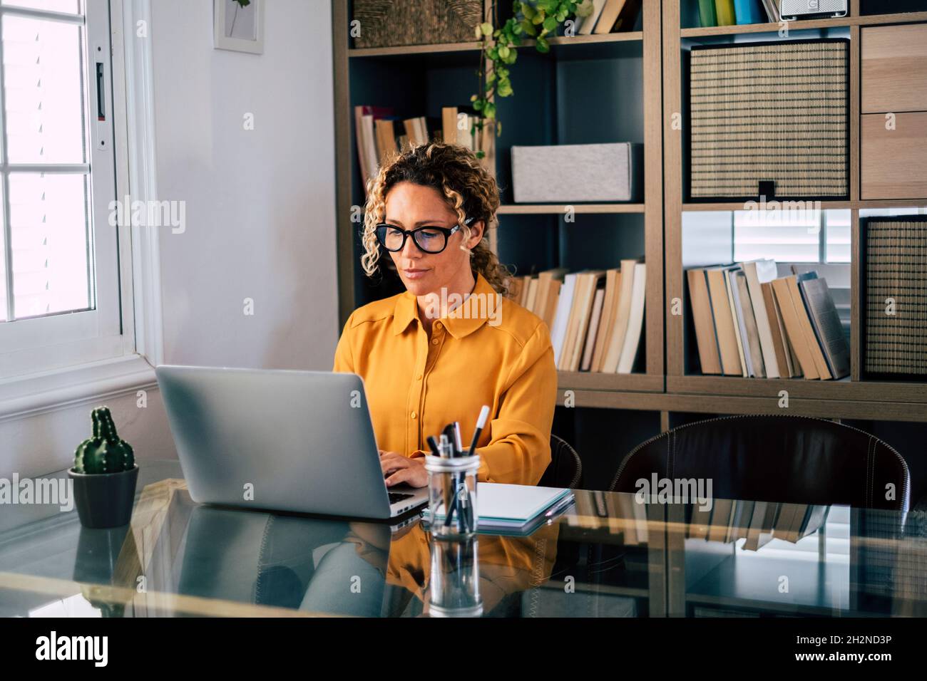 Beautiful female professional working on laptop at desk Stock Photo - Alamy