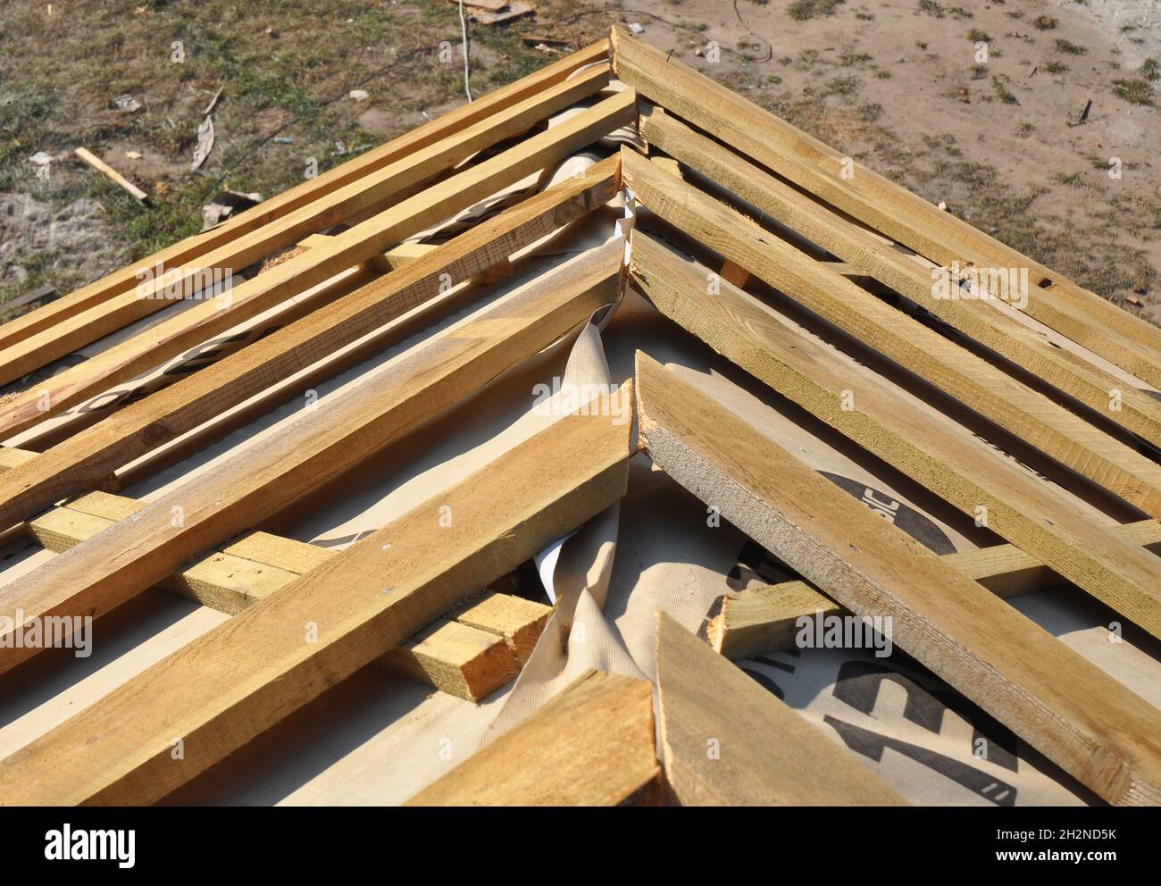 House Roof Corner Roofing Construction. Install House Roof with Wooden ...