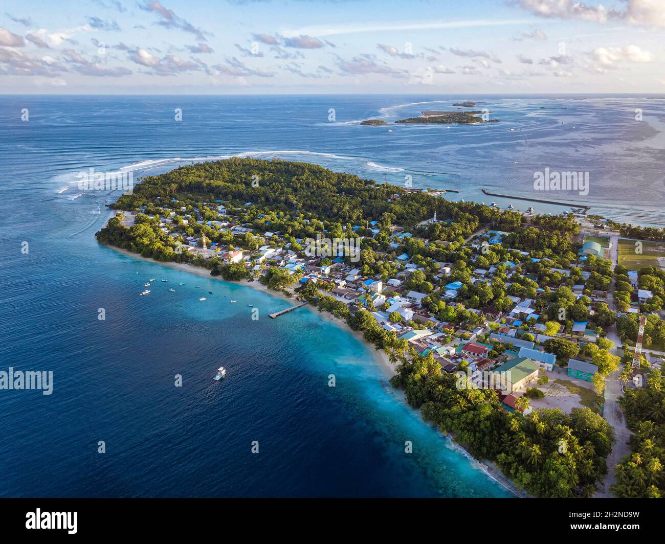 Maldives, Meemu Atoll, Mulah, Aerial view of inhabited island in Indian ...