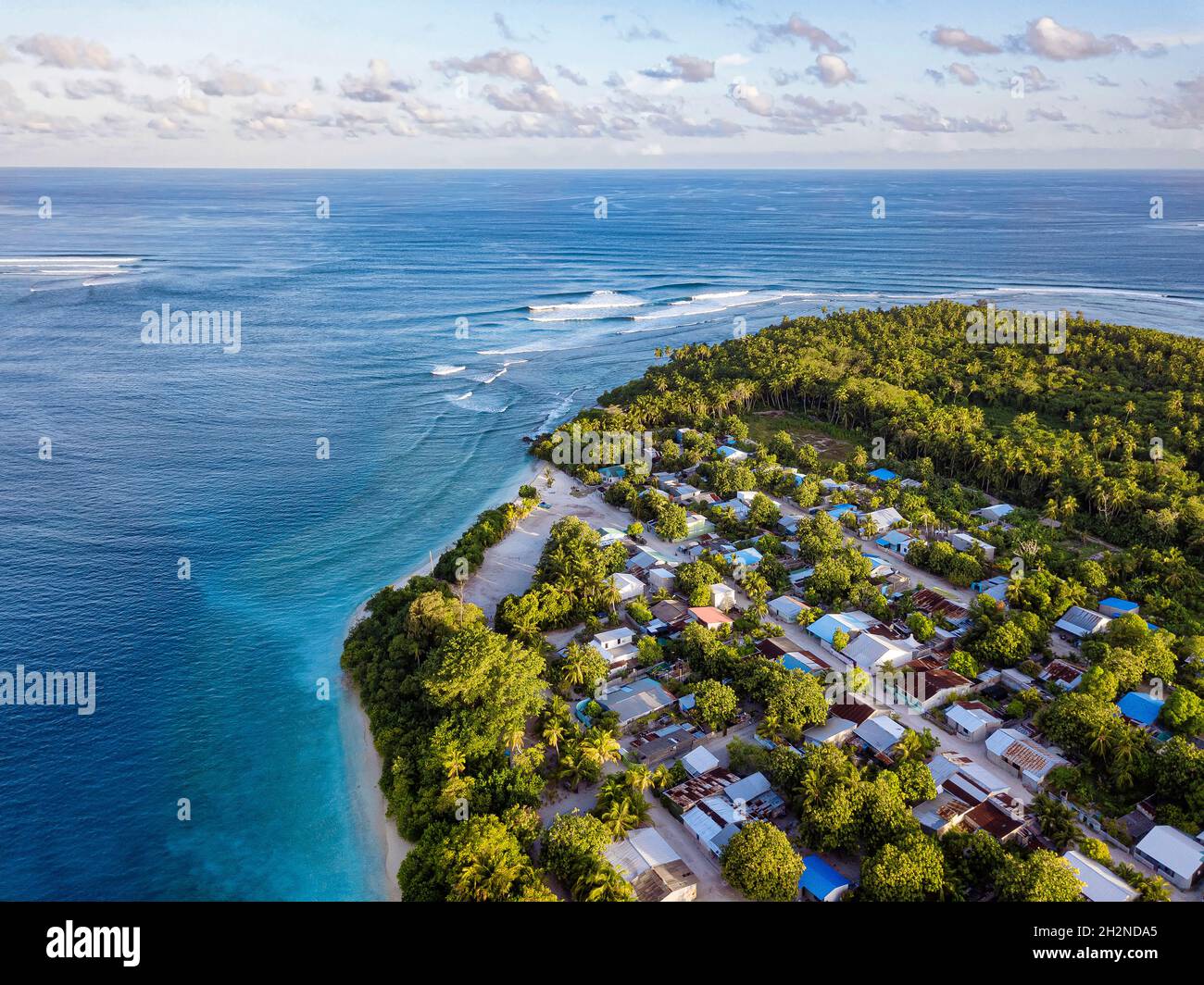 Maldives, Meemu Atoll, Mulah, Aerial view of inhabited island in Indian ...