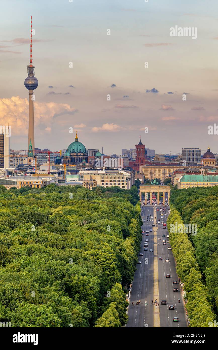Germany, Berlin, Aerial view of Tiergarten park with city skyline in ...