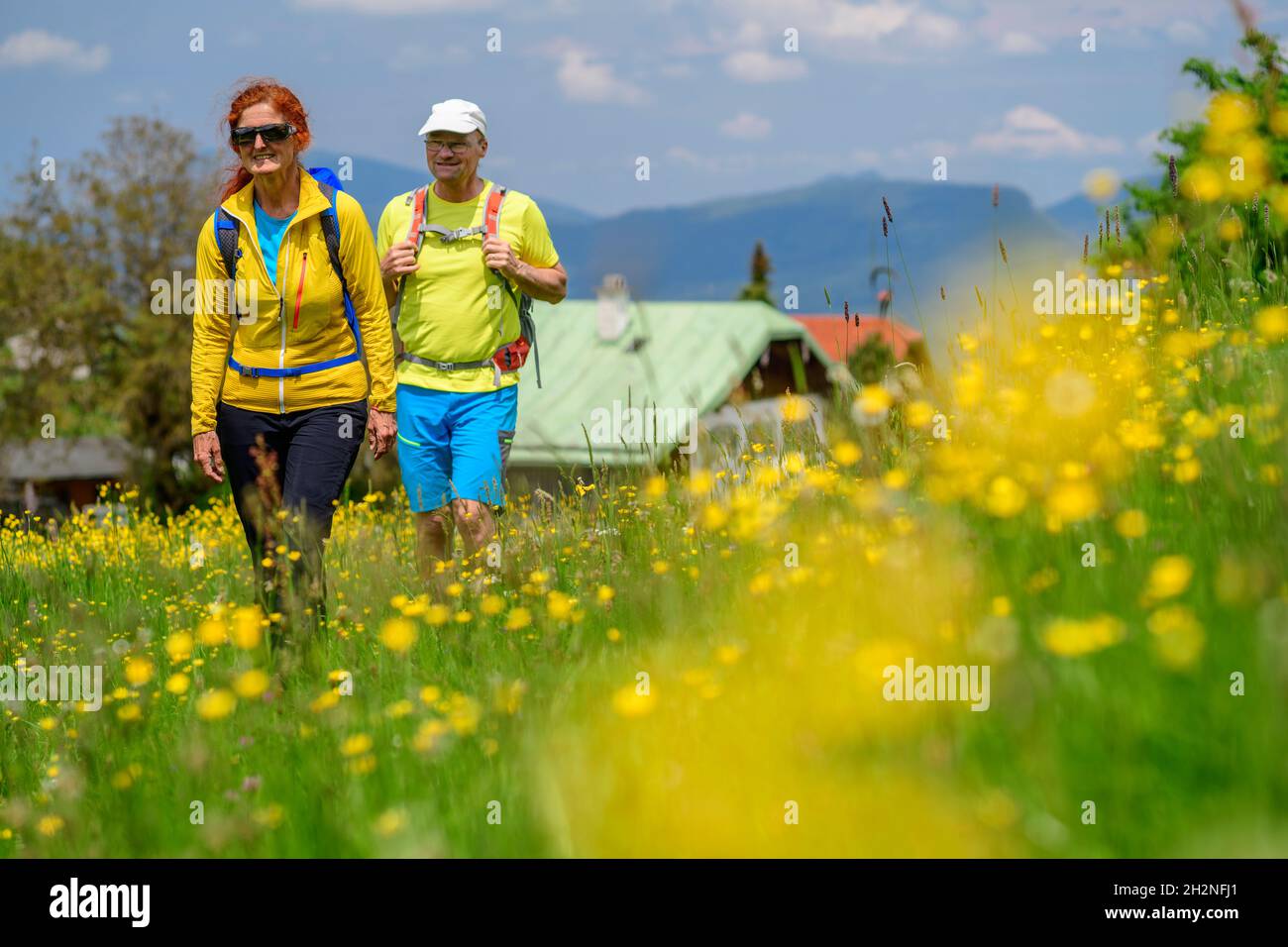 Smiling male and female friends walking on green landscape during sunny ...