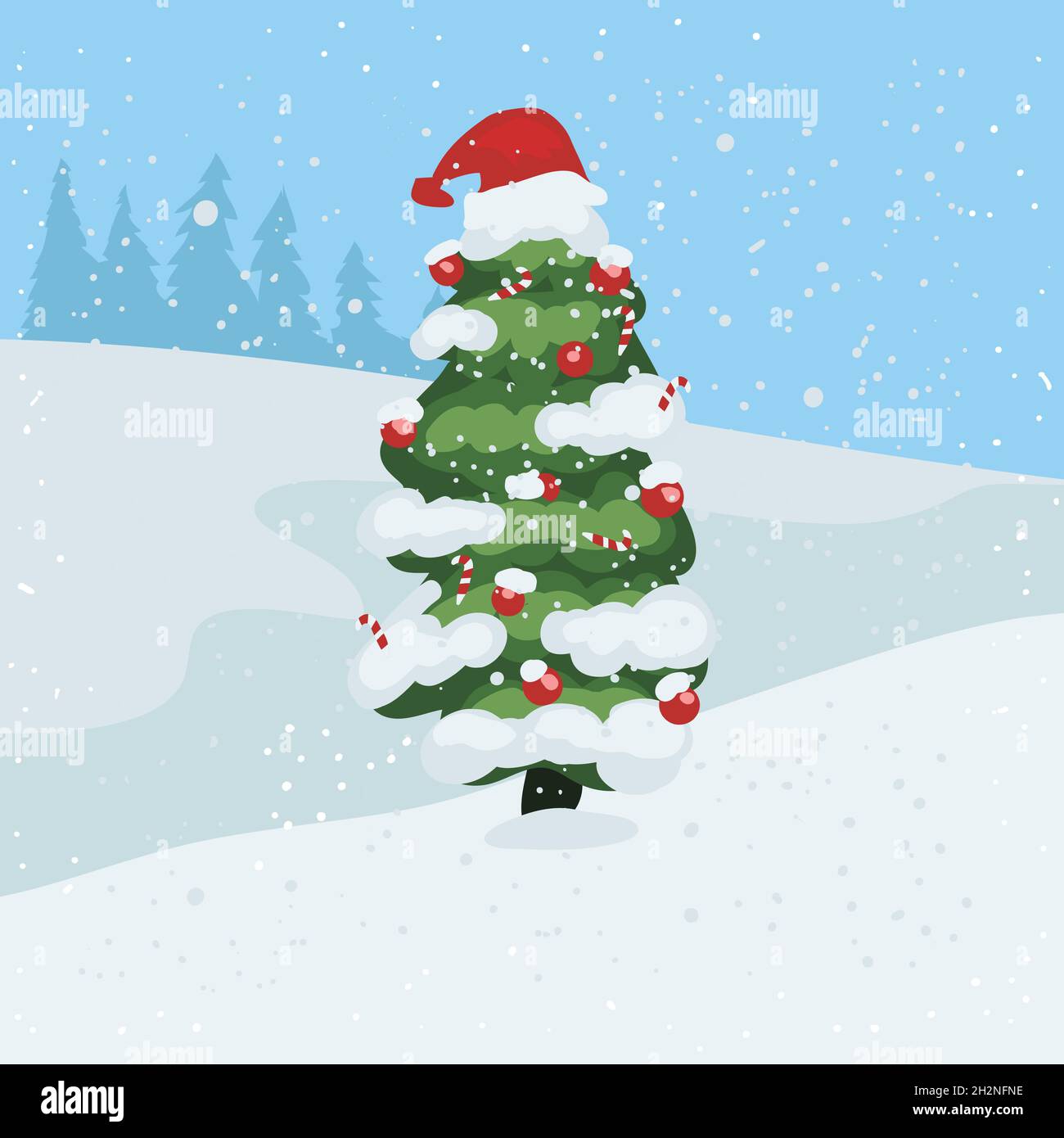 Snow falling on Christmas tree illustration Stock Vector Image & Art ...