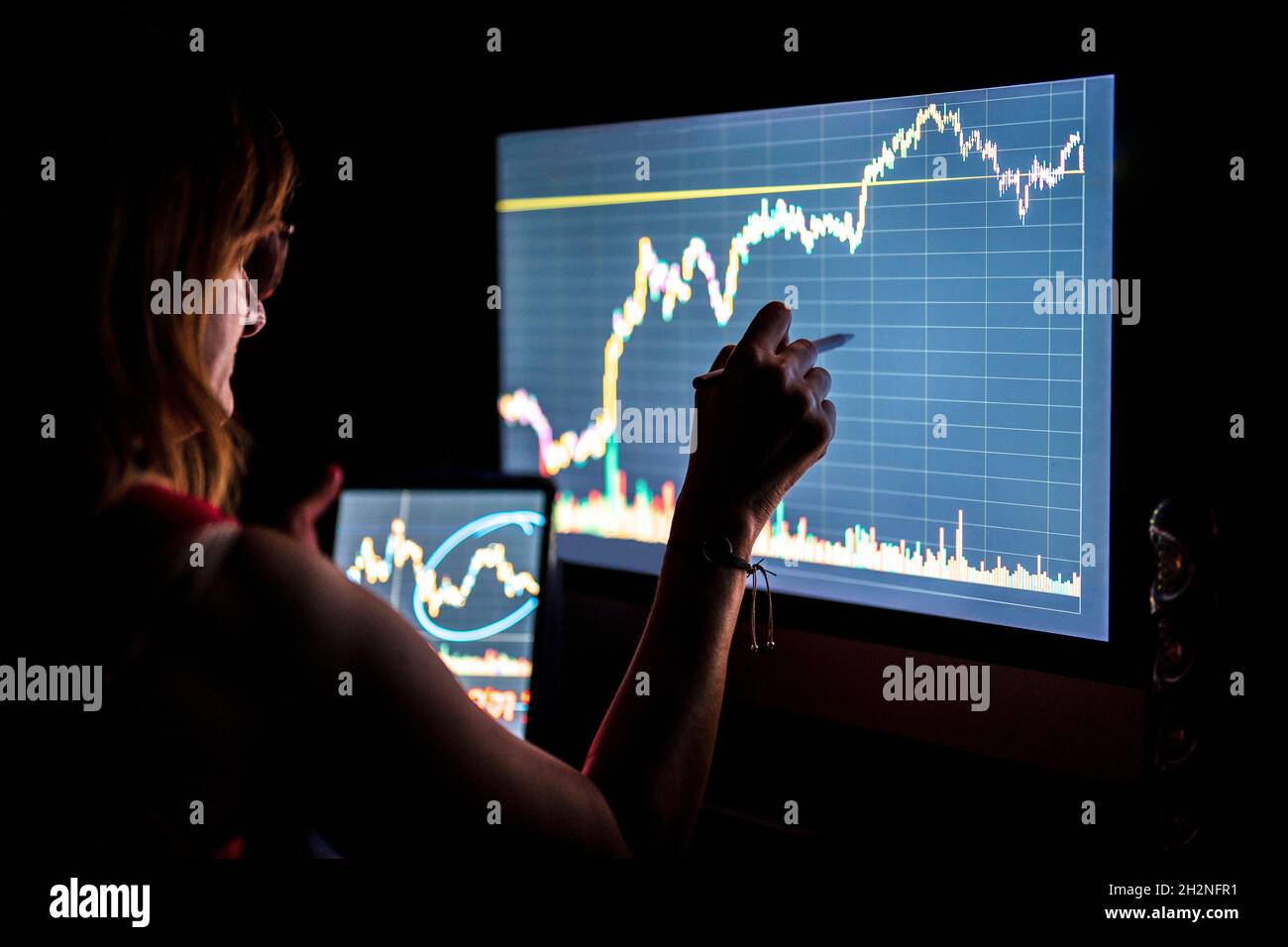 Businesswoman checking stock market data on screen in office Stock ...