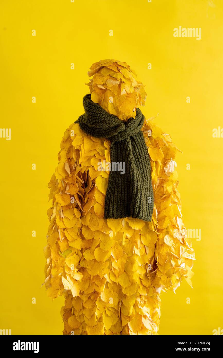 Woman wearing autumn leaf costume and scarf in front of yellow ...