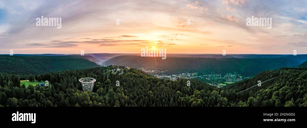 Germany, Baden-Wurttemberg, Bad Wildbad, Aerial panorama of Black Forest at summer sunset Stock ...