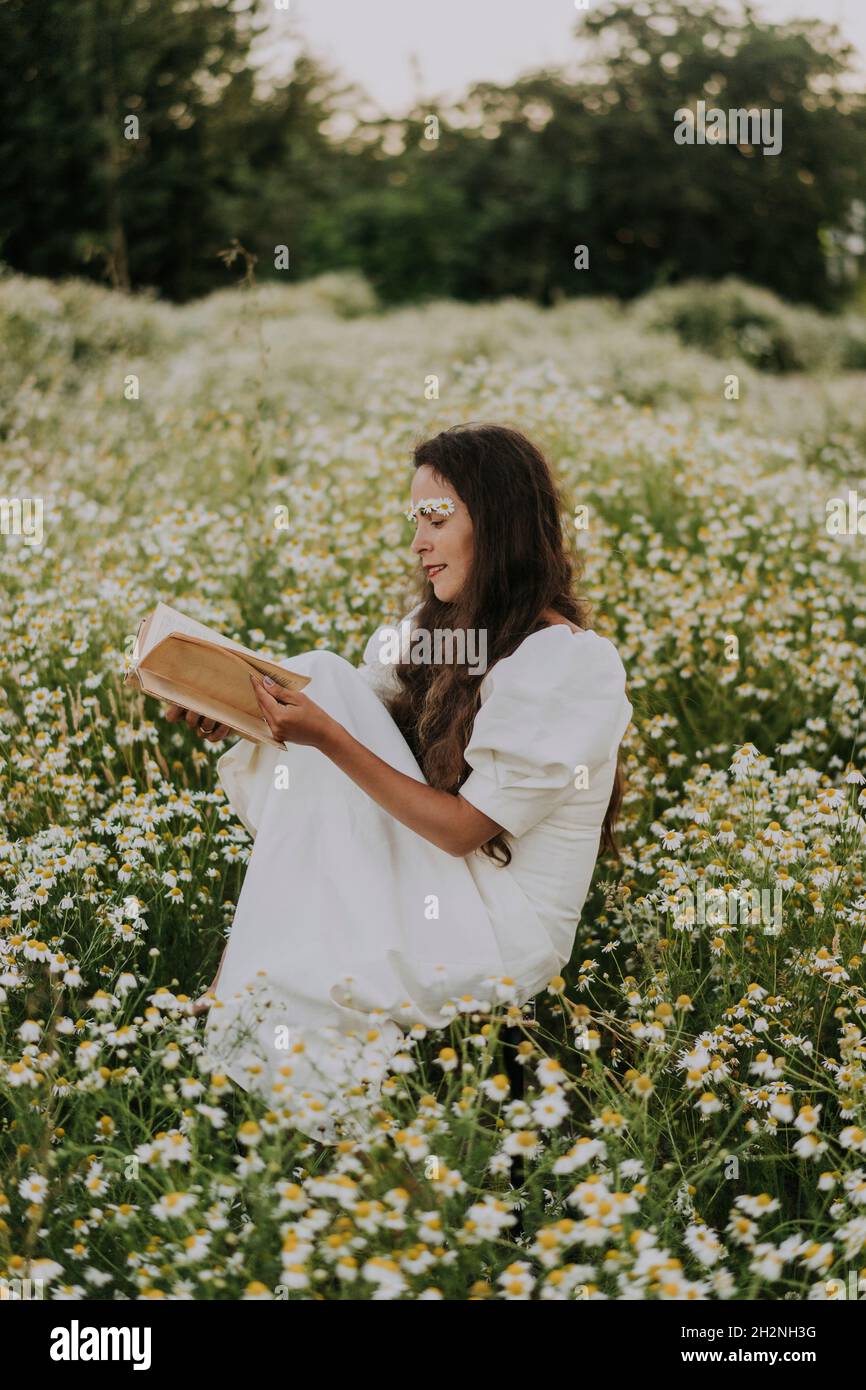 Nature woman field reading hi-res stock photography and images - Alamy
