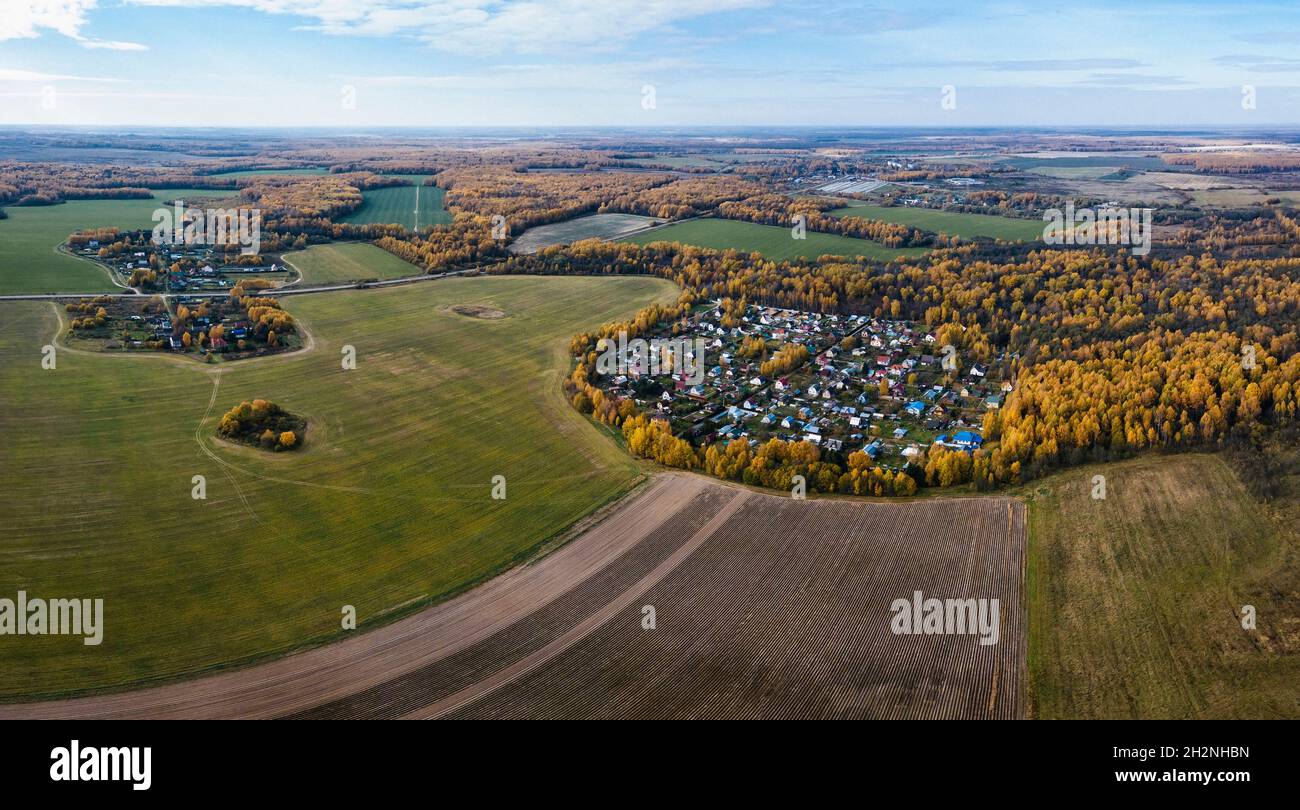Russia, Moscow Oblast, Aerial view of countryside village in autumn ...