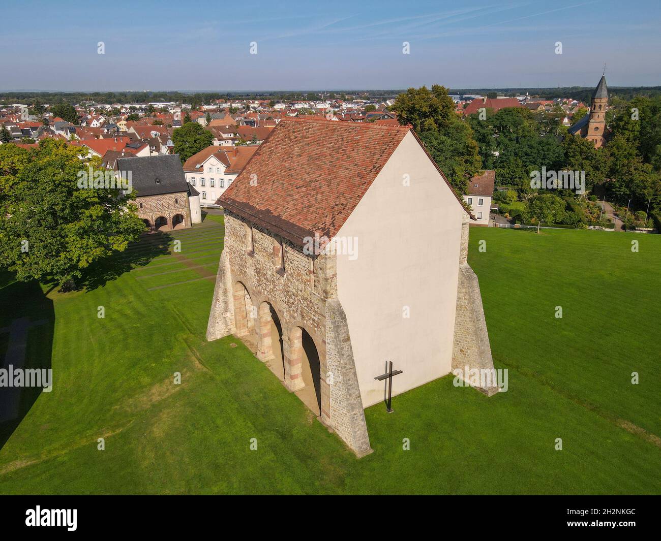 Drone view at the abbey of Lorsch on Germany, Unesco world heritage ...
