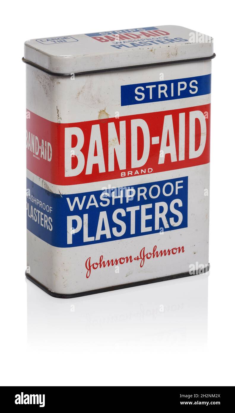 Old vintage metal tin of Band Aid wash proof plasters Stock Photo - Alamy