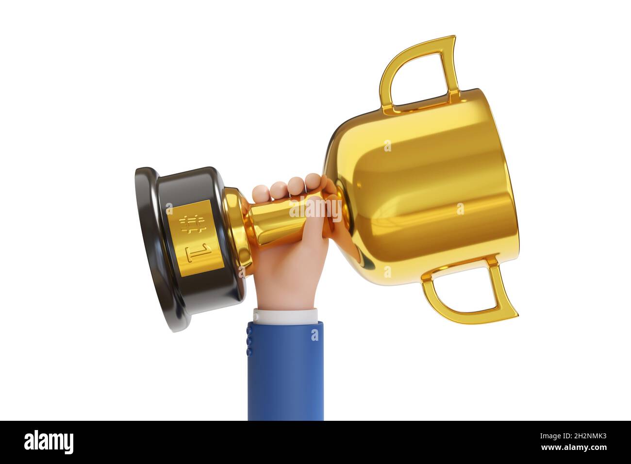 Cartoon hand raising number one trophy isolated om white background. 3d ...
