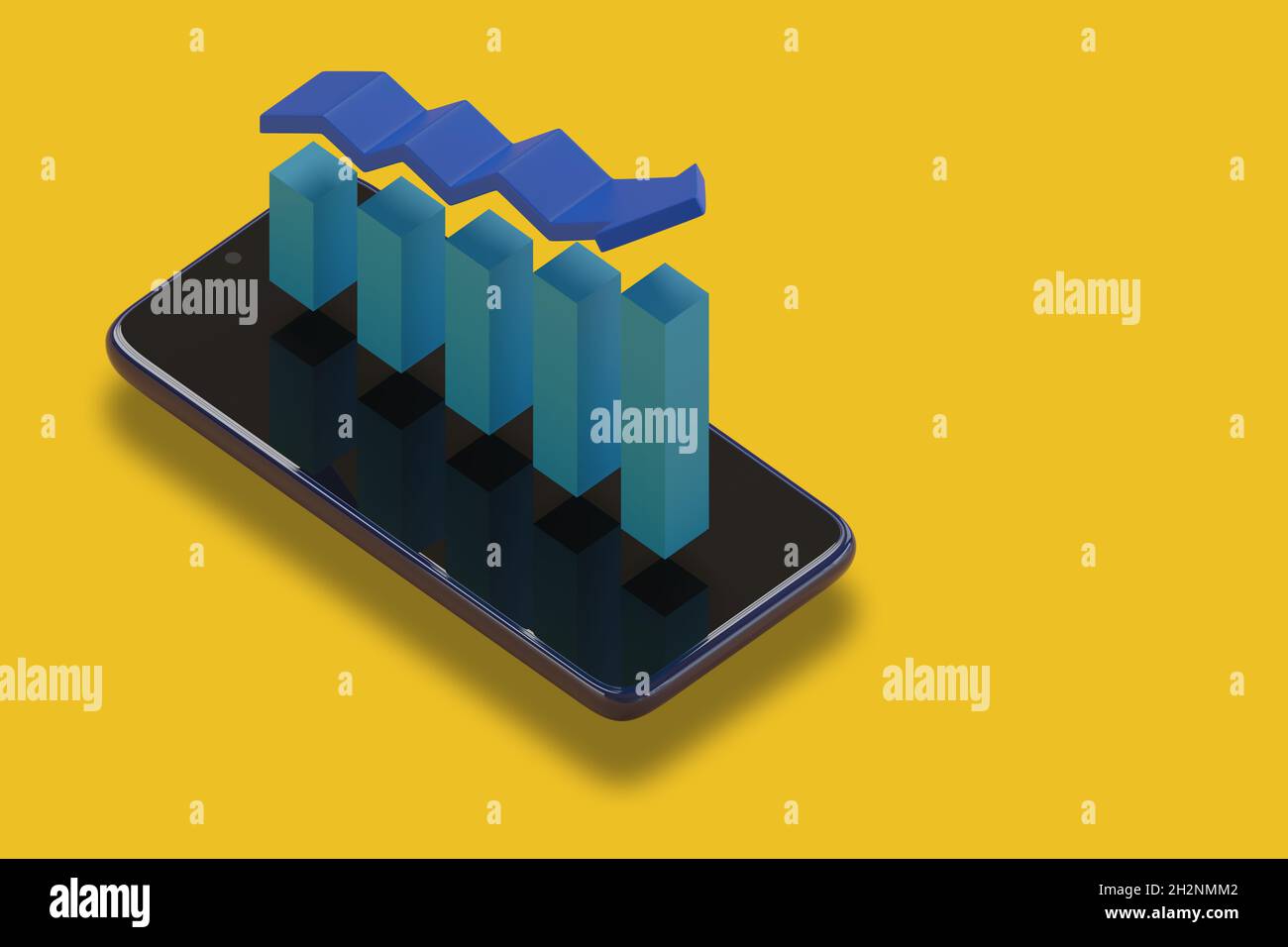 Mobile phone with bar chart in three dimensions. Isometric projection ...