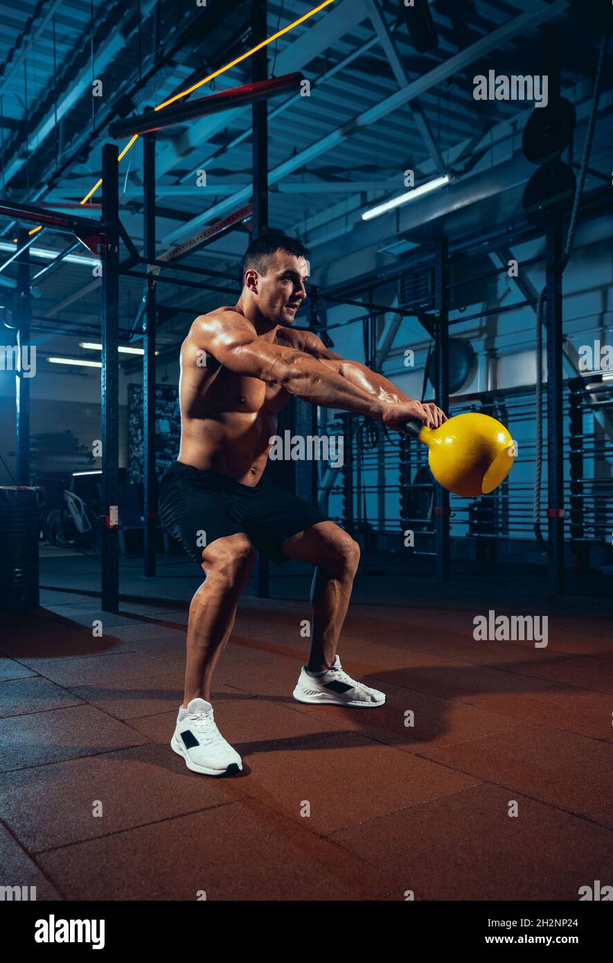 One muscled athlete, bodybuilder workouts alone at sport gym, indoors ...