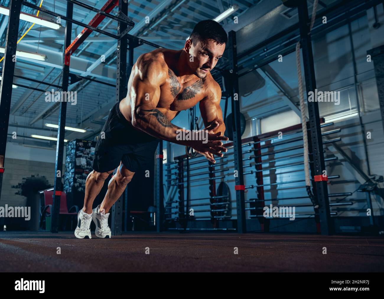 Portrait of muscled athlete, bodybuilder workouts alone at sport gym ...